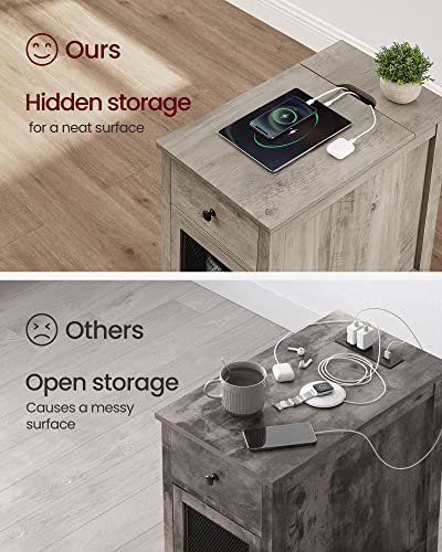 VASAGLE Side Table with Storage, End Table with USB Ports and Outlets, Nightstand with Charging Station, Drawer, Storage Cabinet, Magazine Rack, for Living Room, Bedroom, Greige