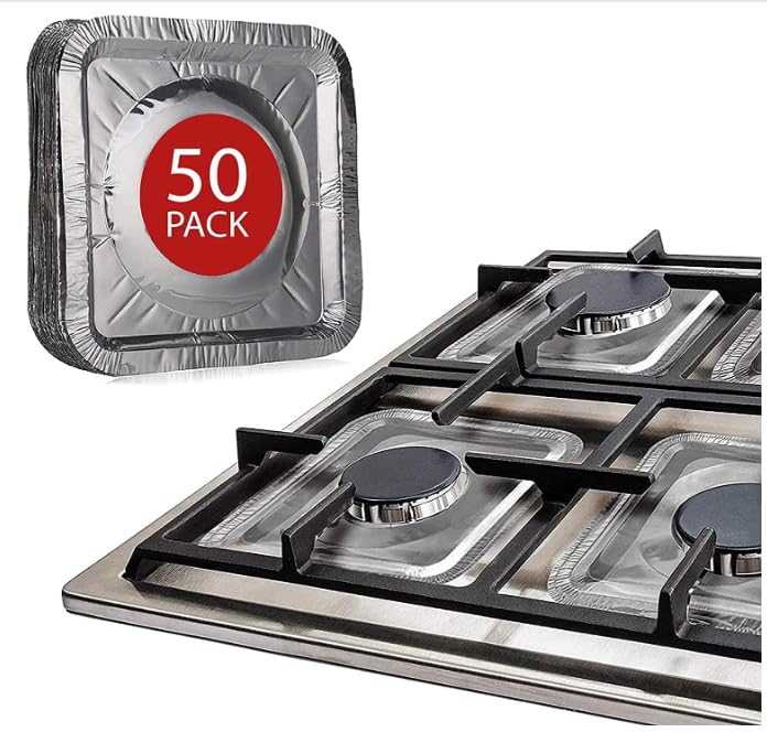 Gas Stove Burner Covers by Linda’s Essentials (50 Pack) | Disposable Aluminium Stove Burner Liners | 8.5” Square Heat Resistant Gas Range Protector | Thick Stove Top Covers For Gas Burners