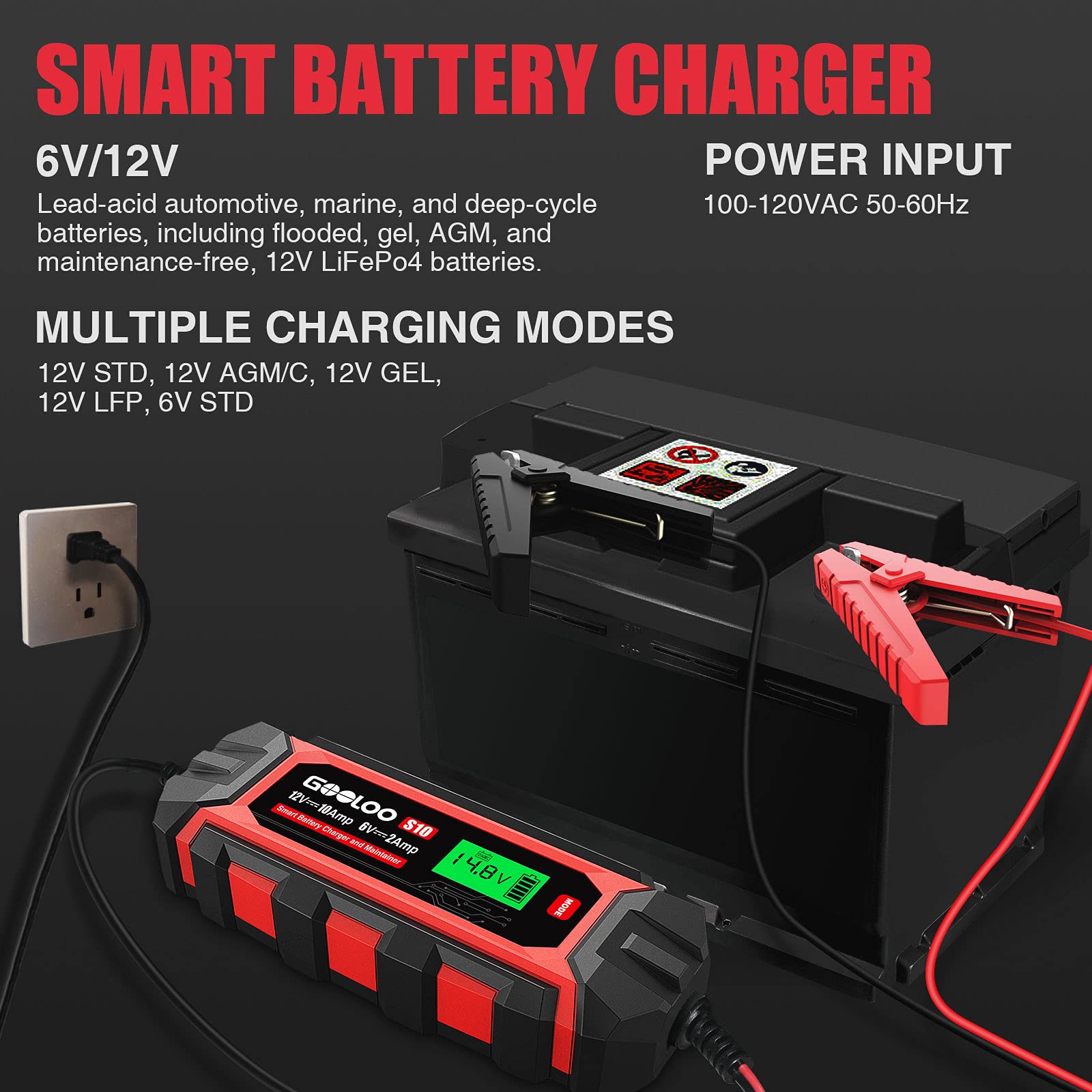 GOOLOO 10-Amp Car Battery Charger, 6V and 12V Fully Automatic Battery Charger Maintainer, Trickle Charger, Supersafe Smart Battery Desulfator for Lead-Acid Batteries(S10)