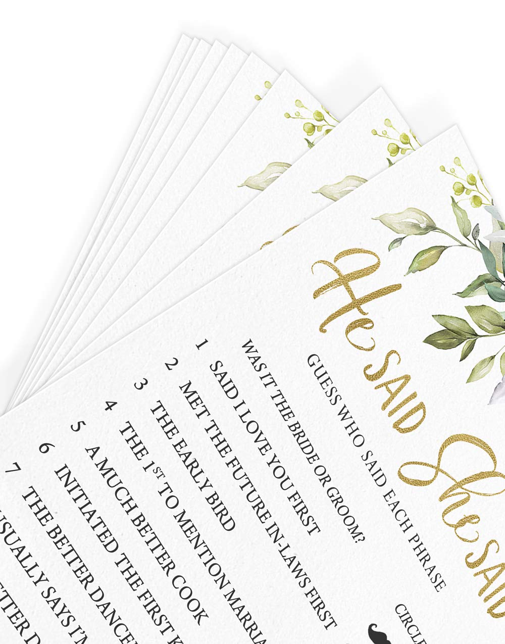 Printed Party Bridal Shower Games โ He Said She Said Game with Fun Bride and Groom Trivia, Wedding Shower Activity, Botanical Eucalyptus Theme, 50 Guests
