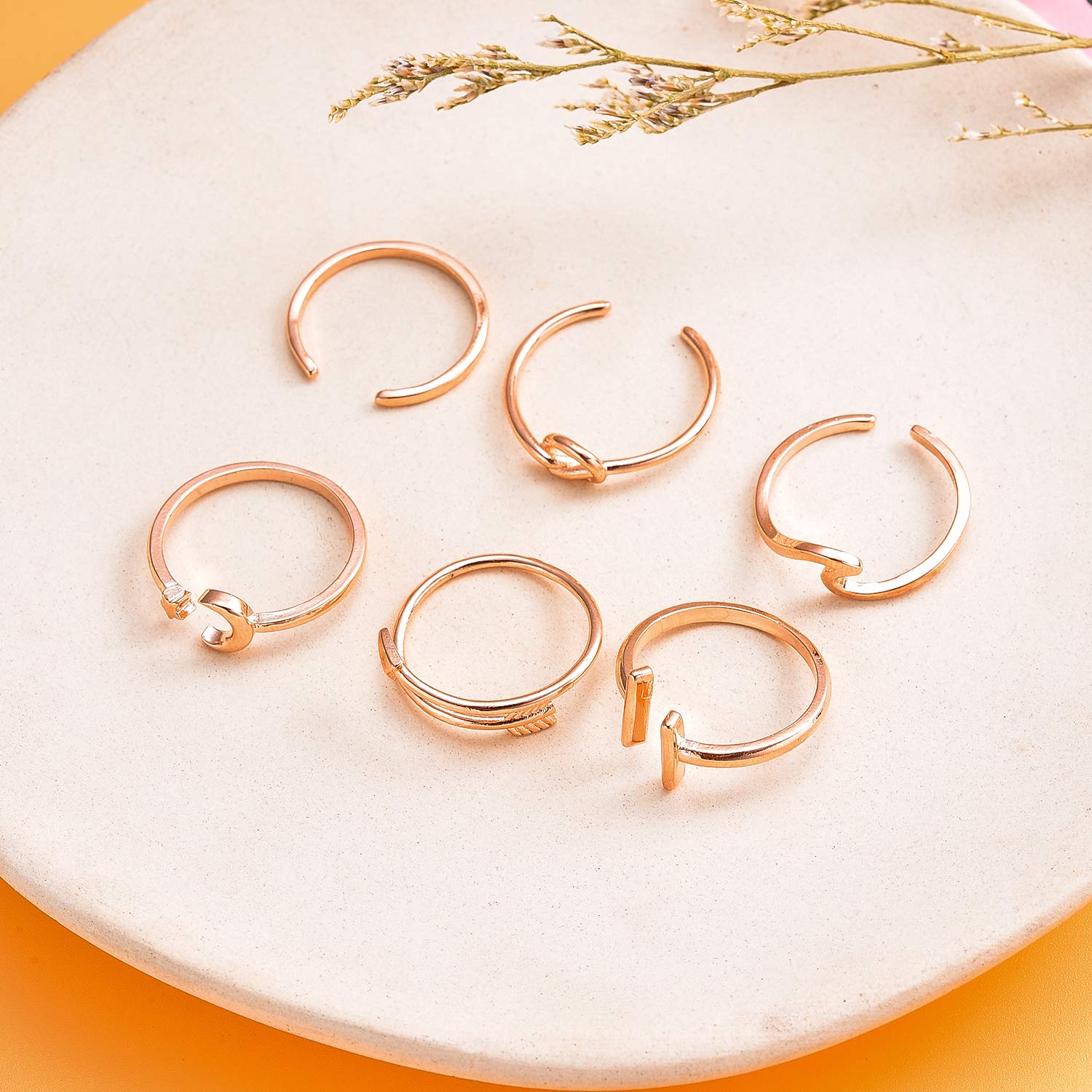 Honsny 6PCS Adjustable Rings for Women,14K Gold Silver Stackable Finger Rings Pack Arrow Knot Knuckle Rings Set Cute Rings for Teen Women