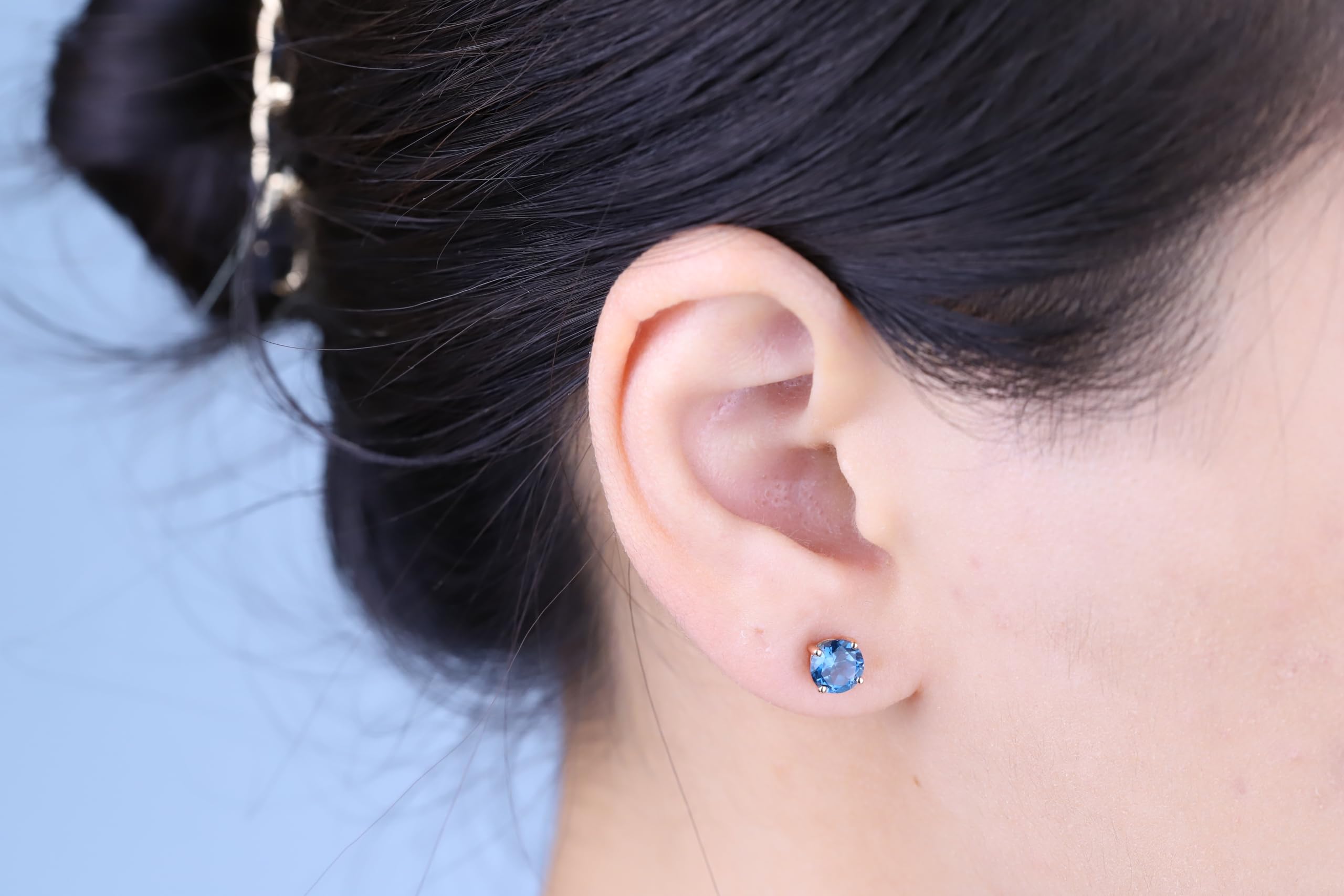 Gin & Grace 10K Yellow Gold Genuine London Blue Topaz Diamond (SI1) Stud Earring for Women