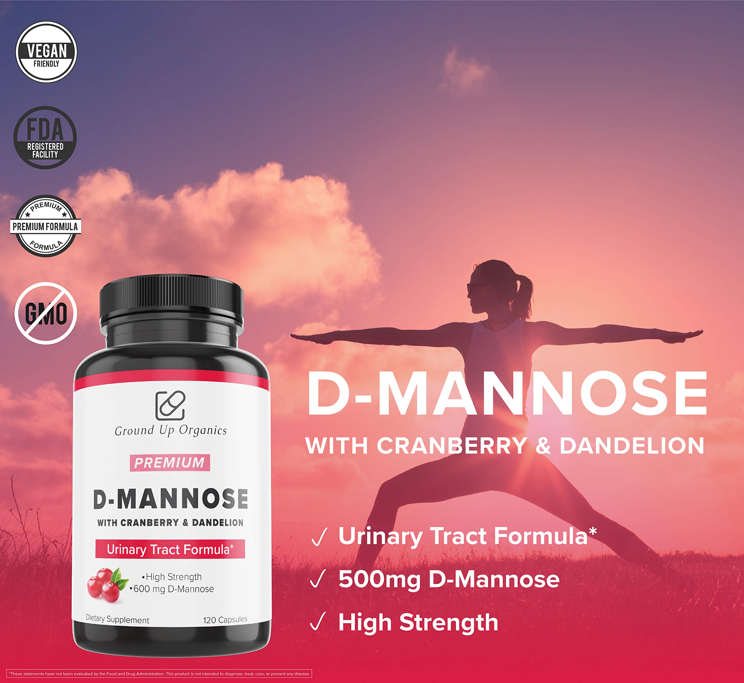 Ground Up Organics D-Mannose Capsules, with Cranberry and Dandelion Extract,Urinary Tract Formula, Supports Immune System, 600mg D-Mannose per Serving, 120 Vegan Capsules