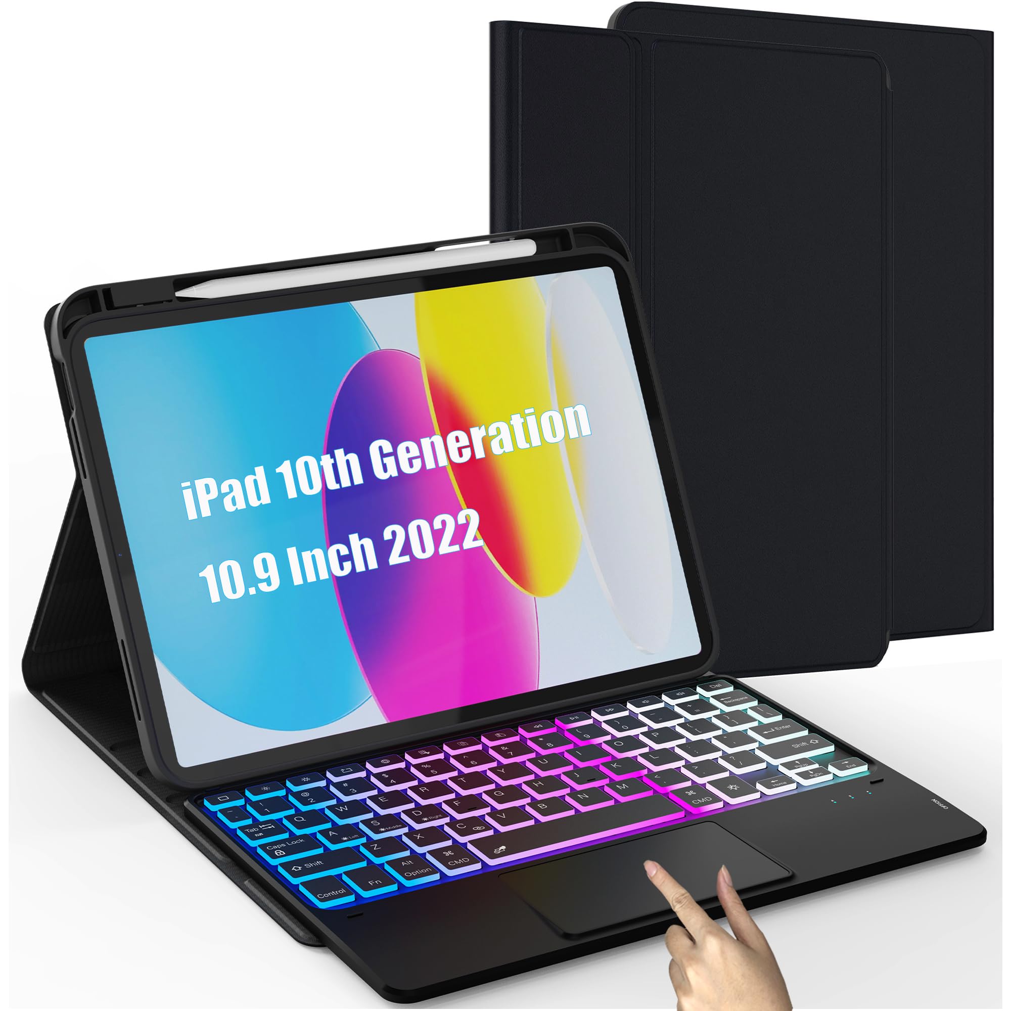For iPad 10th Generation Case with Keyboard (10.9", 2022) - 3-Zone 7 Color Backlit Detachable Trackpad Tablet Keyboard Cover - iPad 10th 10.9 inch Touchpad Keyboard Case with Pencil Holder Black