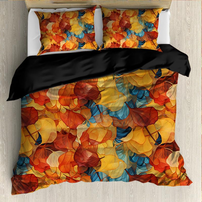 Xarleslyna Queen Size Duvet Cover Sets Ginkgo Leaf Colorful Ultra Soft Bedding Sets 3PCS, Autumn Harvest Fallen Leaves 1 Comforter Covers 2 Pillow Shams (88"x88")