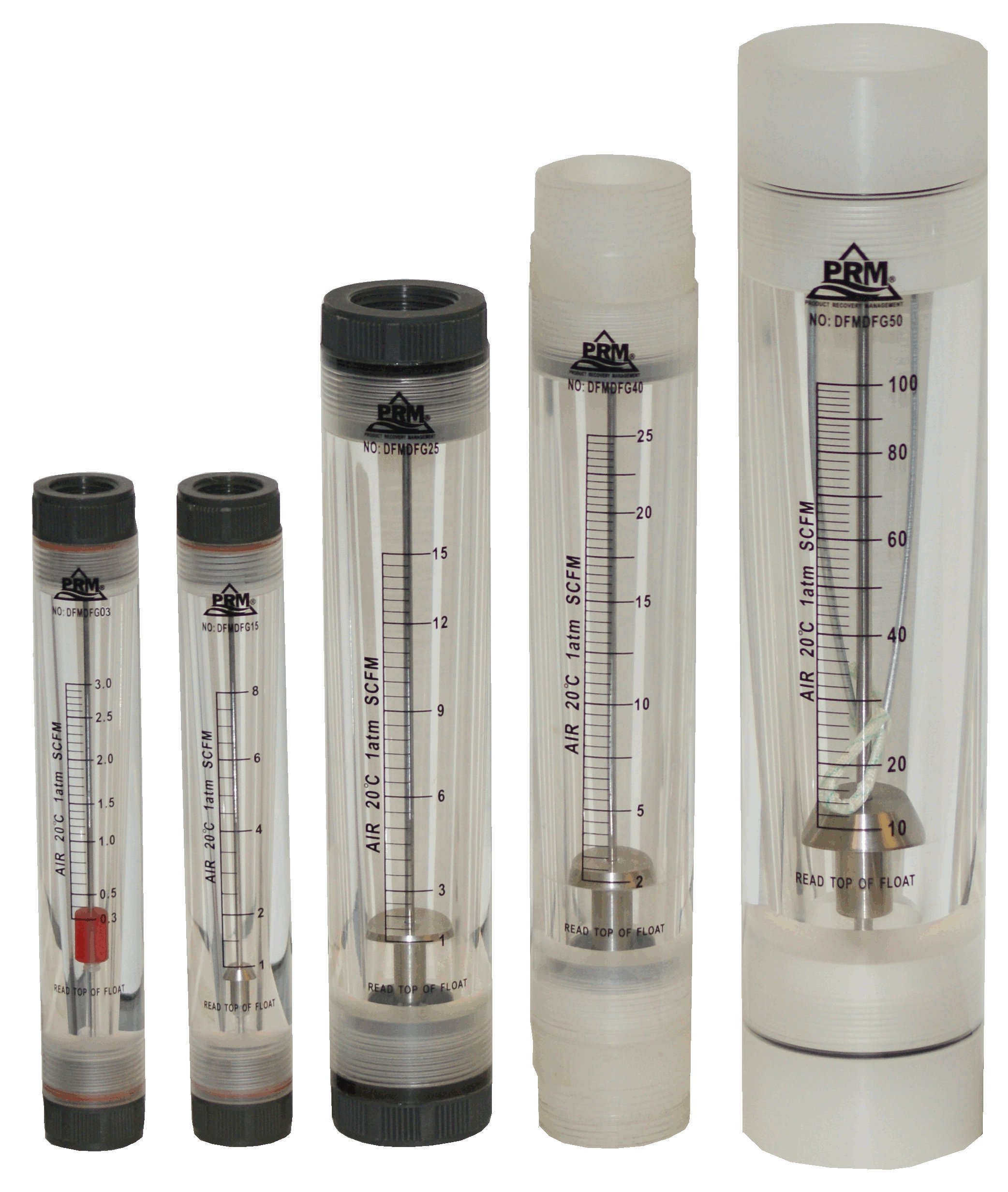 PRM 1-8 SCFM Air Rotameter Flow Meter, 1/2 Inch Female NPT Inline Connections, Acrylic Body, PVC End Tails, Viton O-Rings, 8 Inch Height