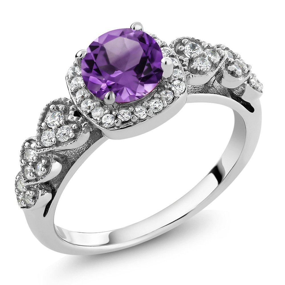 Gem Stone King 925 Sterling Silver Purple Amethyst Gemstone Birthstone Engagement Ring For Women (1.02 Cttw, Round 6MM, Gemstone Birthstone, Available In Size 5, 6, 7, 8, 9)
