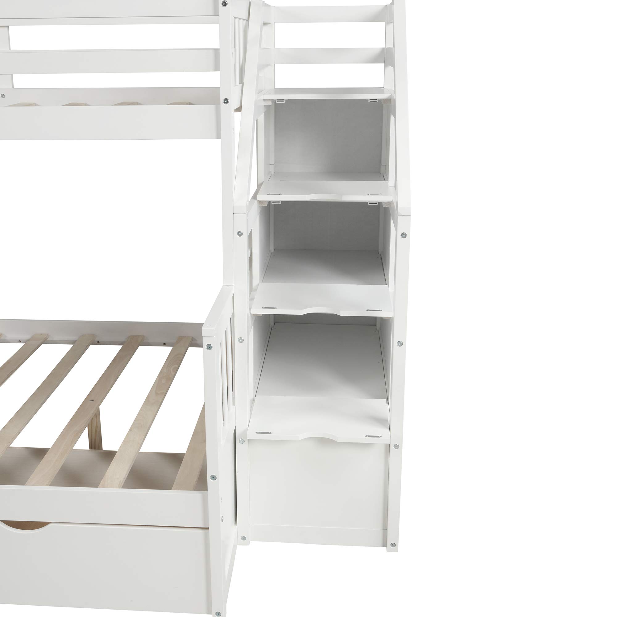 Twin Over Full Bunk Bed with Stairs and Slide, Solid Wood Bunk Bed Frame with Storage Drawers for Kids Girls Boys (White)