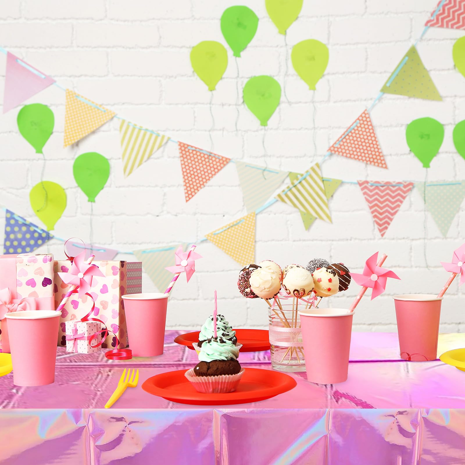 Whaline 6Pcs 108 x 54 Inch Iridescent Pink Plastic Tablecloths Shiny Rainbow Rectangle Disposable Table Covers Holographic Foil Table Cloth for Birthday Wedding Bridal Shower