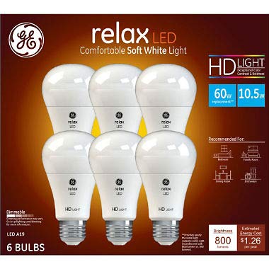 GE Relax High Definition LED Light Bulb 10.5-watt 2700K Comfortable Soft White 800-Lumens 6-Pack 60-watt Replacement Dimmable A19