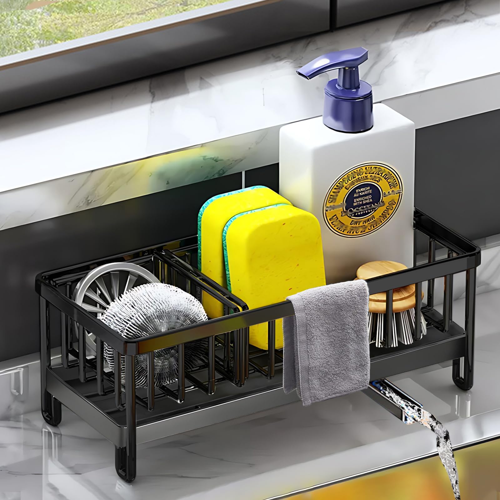 Hovadova Kitchen Sink Caddy Sponge Holder for Kitchen Sink Counter, Rustproof 304 Stainless Steel Dish Sponge Organizer with Removable Divider, Soap Brush Holder Kitchen Sink Accessories, Black