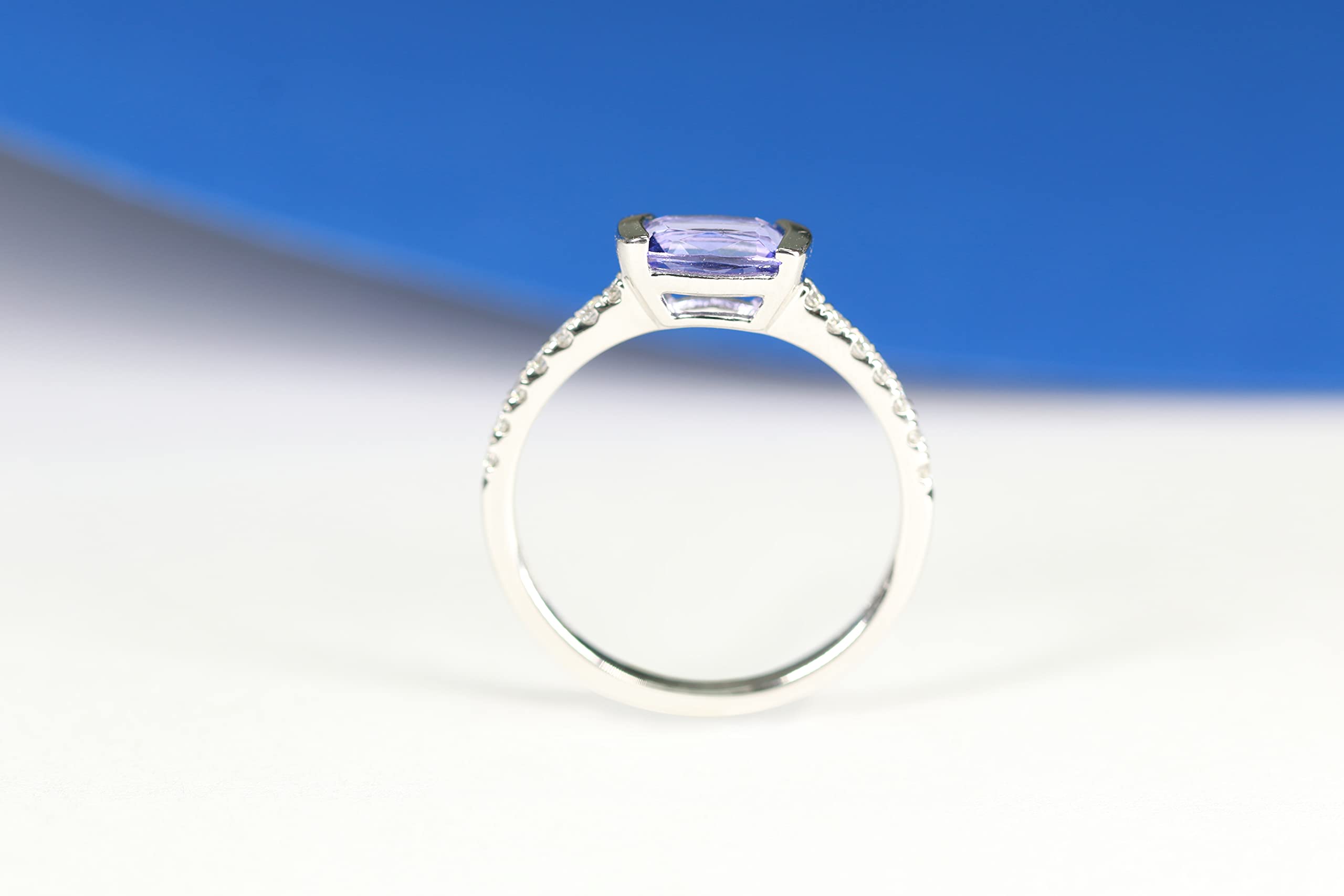 Gin & Grace 14K White Gold Genuine Tanzanite Ring with Diamonds for Women | Ethically, authentically & organically sourced (Cushion-Cut) Shaped Tanzanite Hand-Crafted Jewelry for her