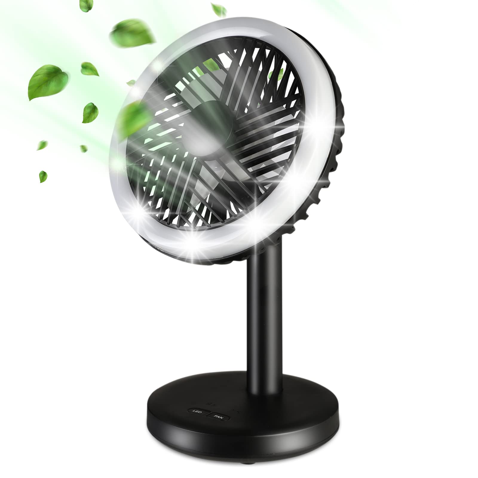 GOODAT 10.5 Inch USB Desk Fan with Ring LED Lantern, 90° Adjustment for Better Cooling, Ultra-quiet, 3 Speeds Portable Mini Powerful Desktop Table Fan, Small Personal Cooling Fan for Home Office Black