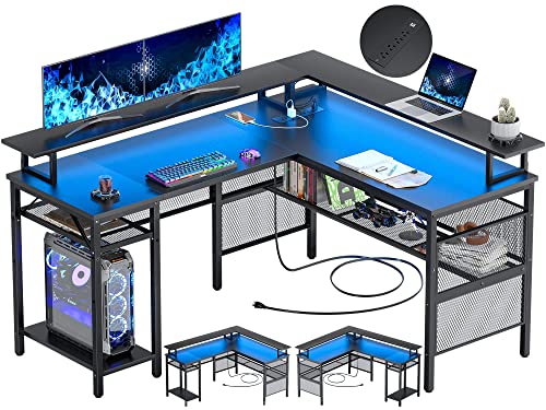 Unikito L Shaped Desk with LED Strip and Power Outlets, Reversible Corner Computer Desks with Monitor Stand and Storage Shelf, Modern Gaming Table, Home Office Desk with USB Ports, Black