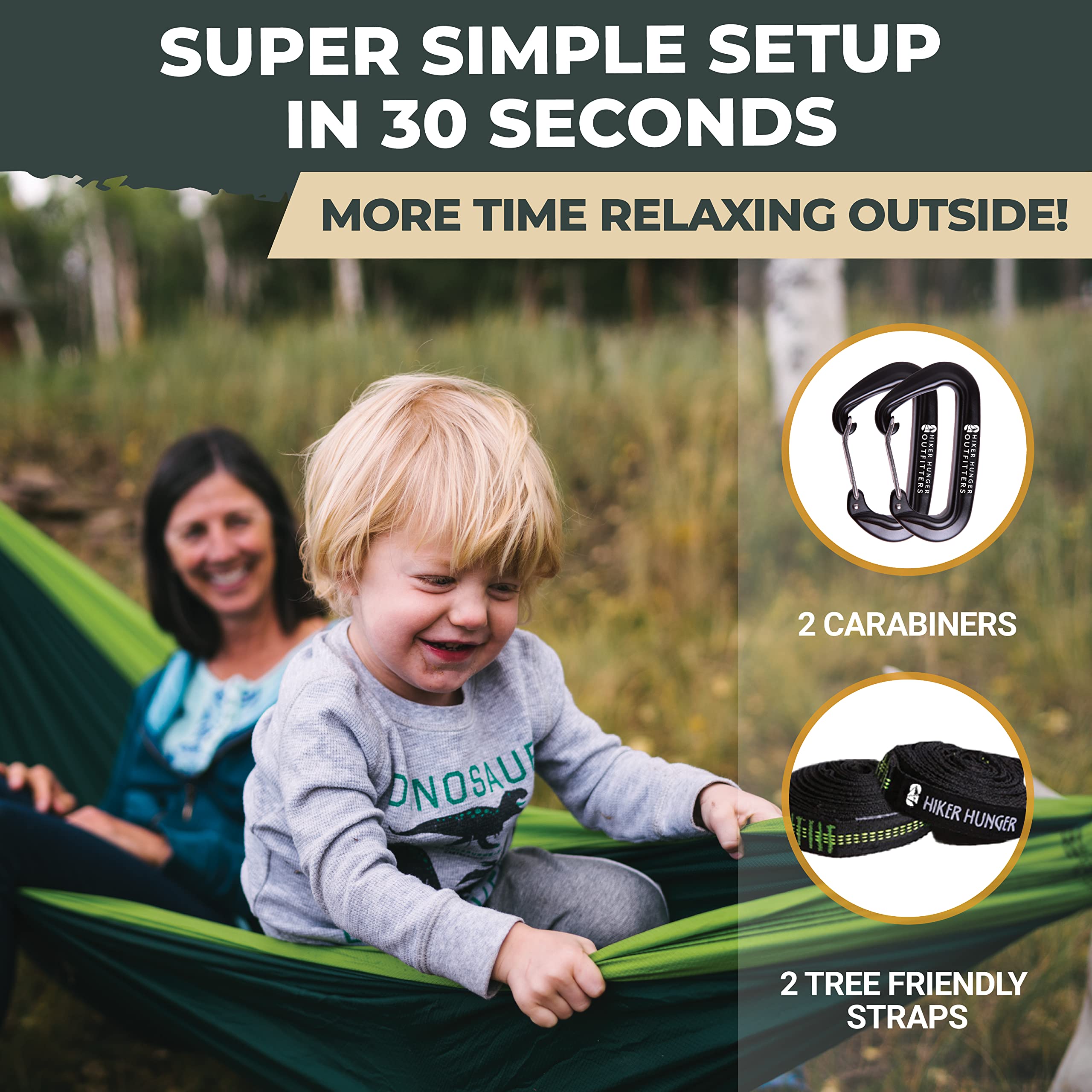 Hiker Hunger, 2 Person Hammock, Camping Hammock, Portable Hammock, Travel Hammock, Double Hammock w/Tree Straps & Carabiners, Perfect Kids Hammock