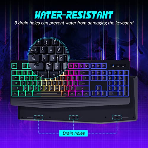 yesbeaut Gaming Keyboard, 7-Color Rainbow LED Backlit, 104 Keys Quiet Light Up Keyboard, Wrist Rest, Whisper Silent, Anti-ghosting Multimedia Keys, Waterproof USB Wired Keyboard for PC Mac Xbox
