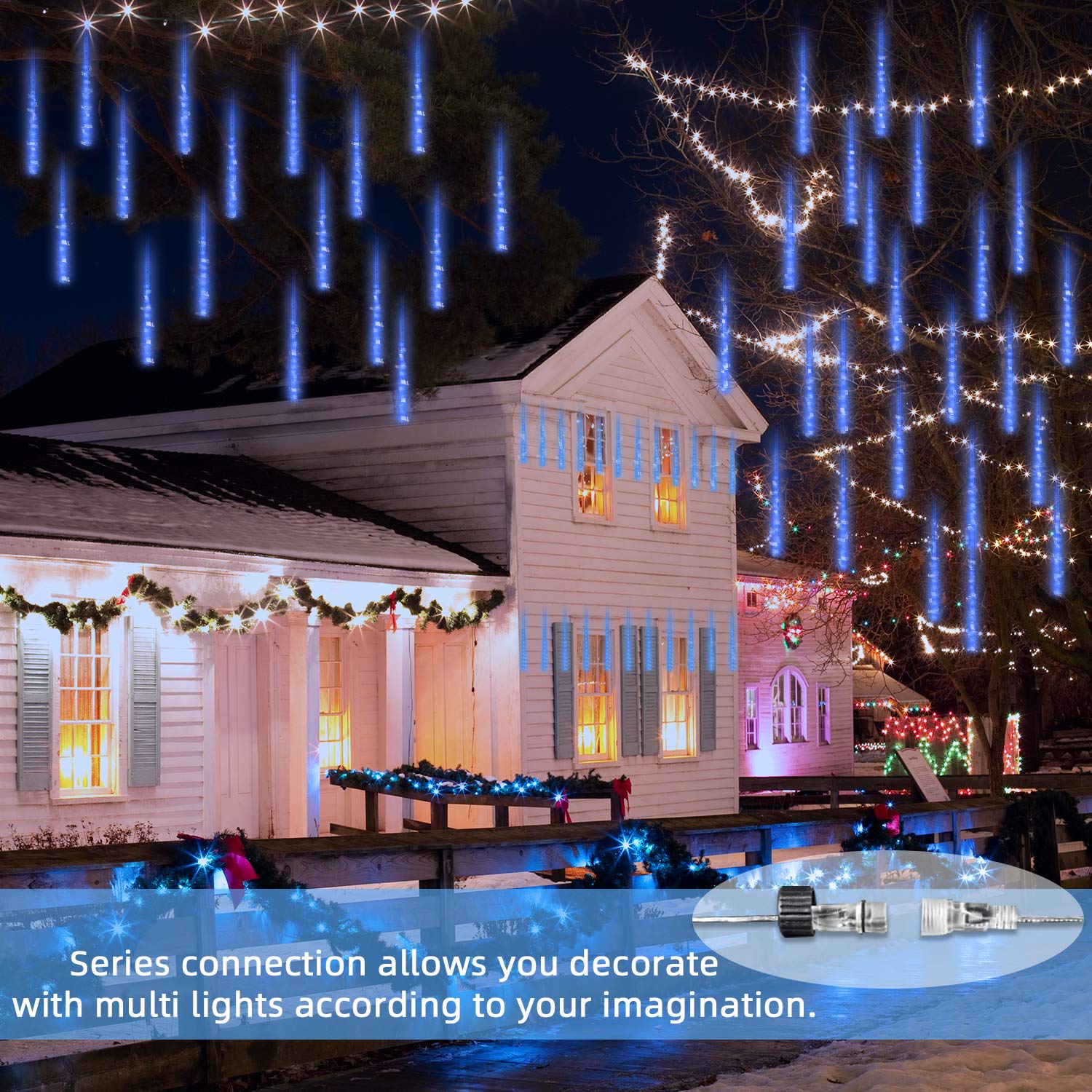 GPODER 50CM Shower Rain Lights, 576 LEDs Falling Rain Lights, 12 Waterproof Spiral Tubes Meteor Lights for Christmas Outdoor Garden House Window Xmas Tree Decoration(Blue)