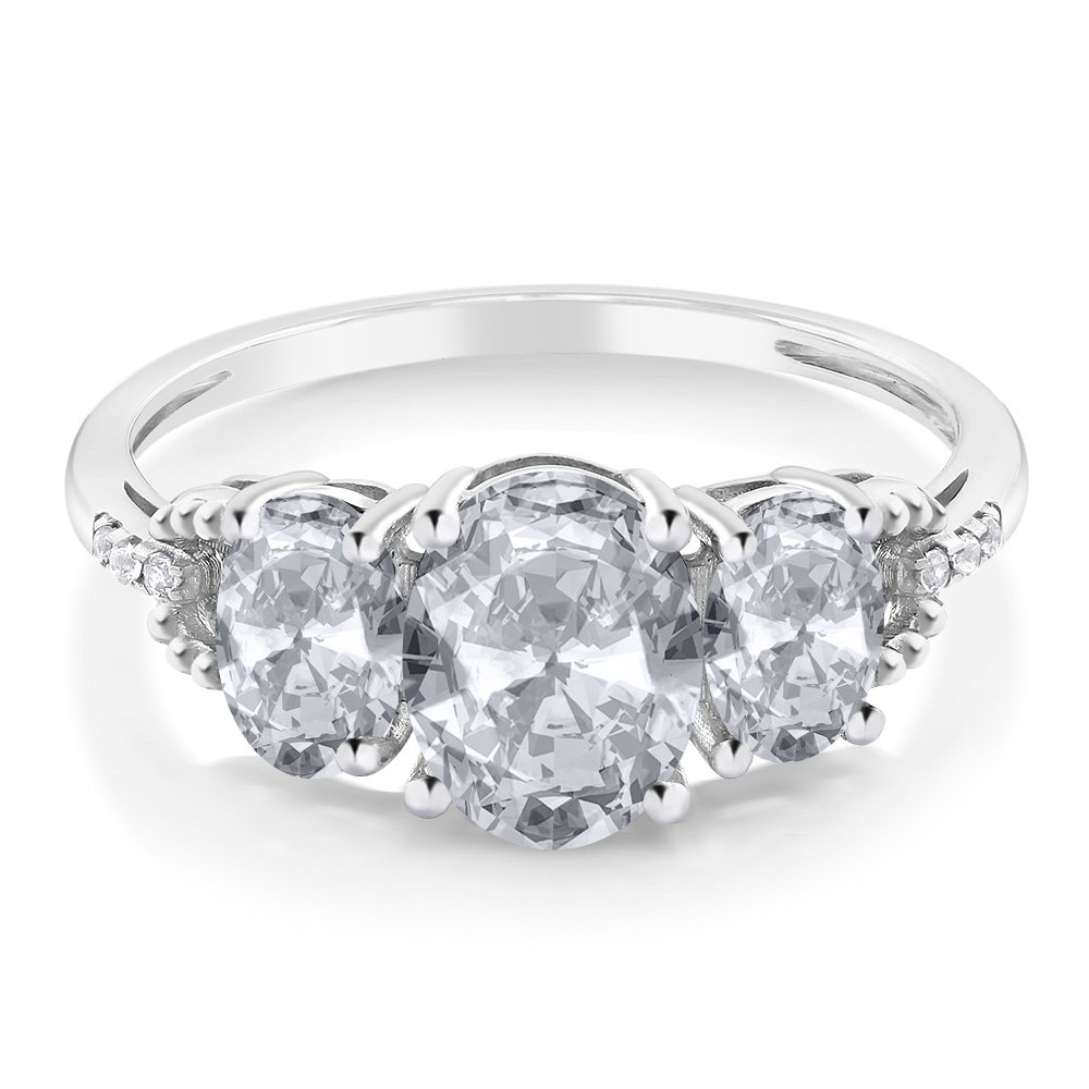 Gem Stone King 10K White Gold White Topaz and Diamond Accent 3-Stone Engagement Ring For Women (2.35 Cttw) (Size 8)