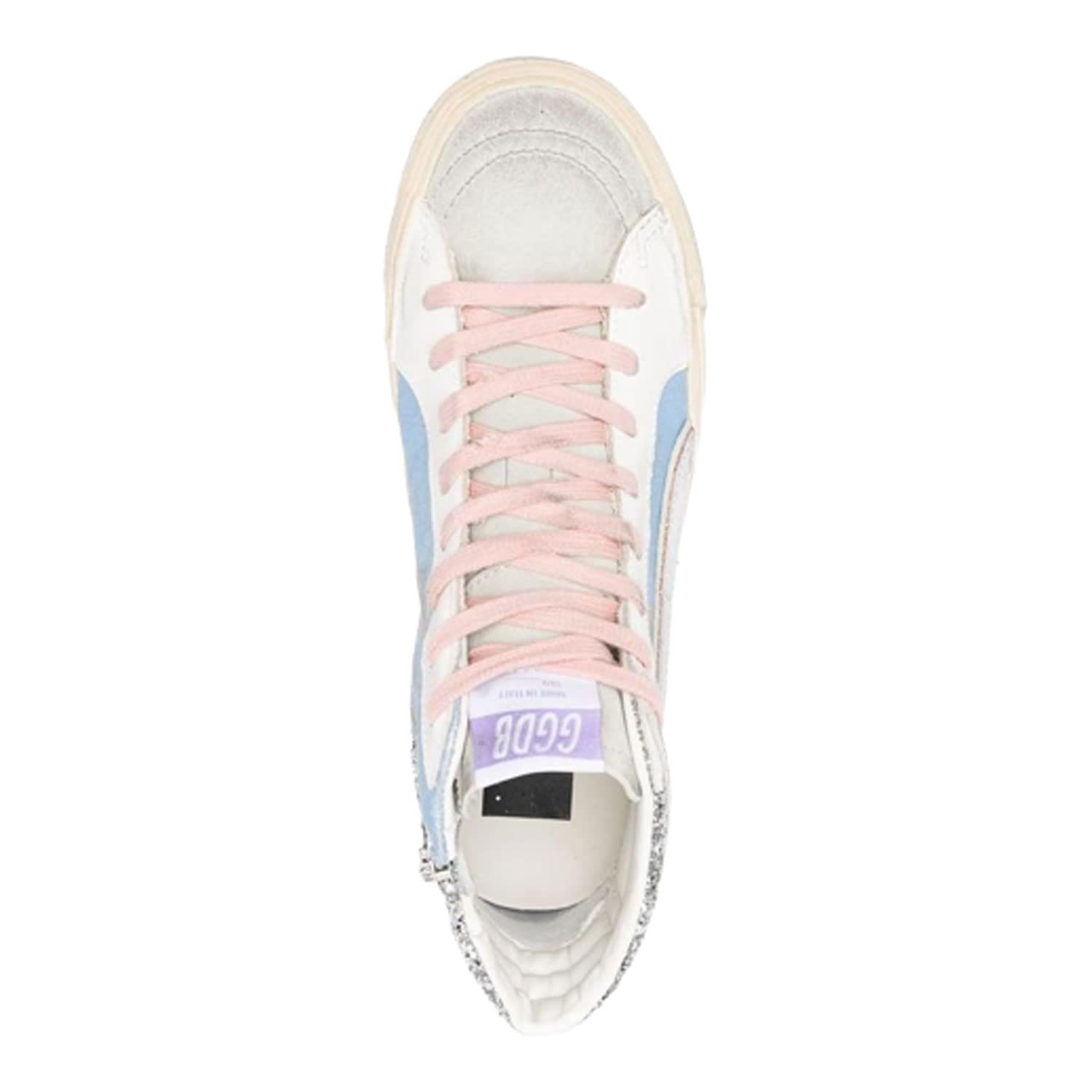Golden Goose Slide Crack and Glitter Upper Suede Toe and Star Laminated List and Wave Womens Distressed Sneaker - 38 Multicolor