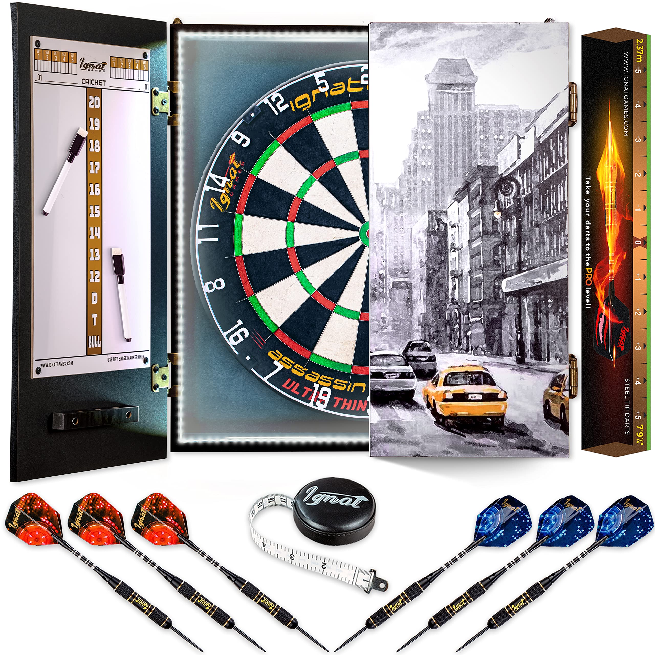 IgnatGames Dart Board Professional Set - Competition Size Kenyan Sisal Dart Board for Adults with 6 Professional Steel Darts - Staple-Free Ultra-Thin Wire Spider Dartboard + Accessories & Mounting Kit