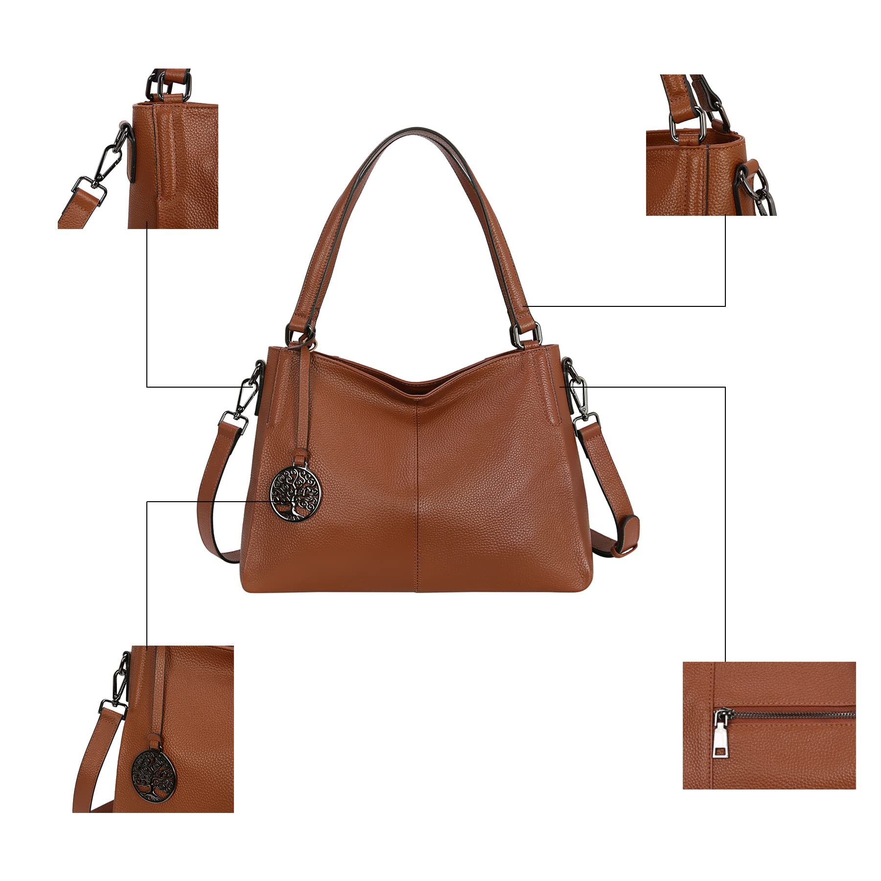 HESHE Women's Genuine Leather Tote Bag Top Handle Hobo Shoulder Satchel Crossbody Purse (Brown)