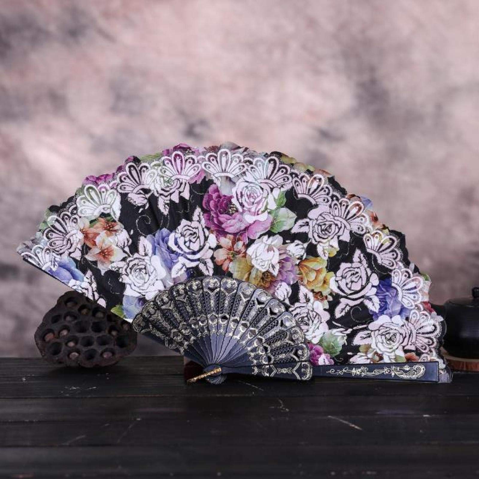 IADZ Folding Fan,Pattern Hand Fan Silk Bamboo Folding Hand Folded for Church Wedding Dance Party Colorful Lace Silk Folding Handmade