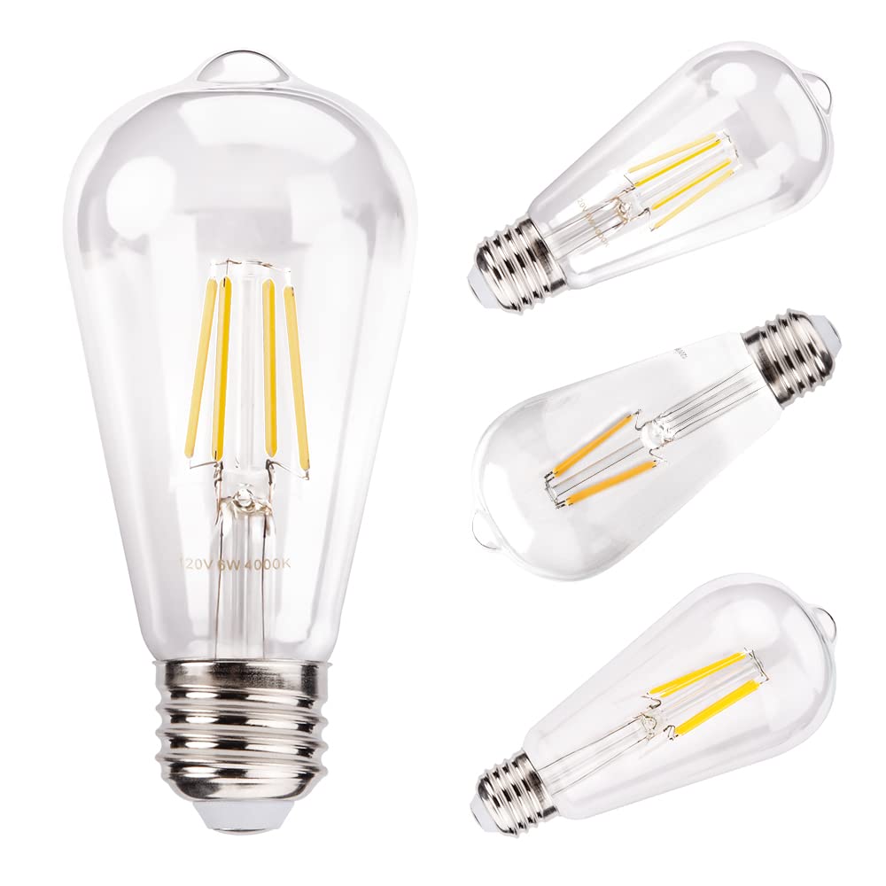 hantop Vintage Edison Bulb 6Watt(60 Watt Equivalent), 4000K White Light Bulb, E26/Medium (Standard) Base, 600Lumens CRI80+ 120V, Set of 4