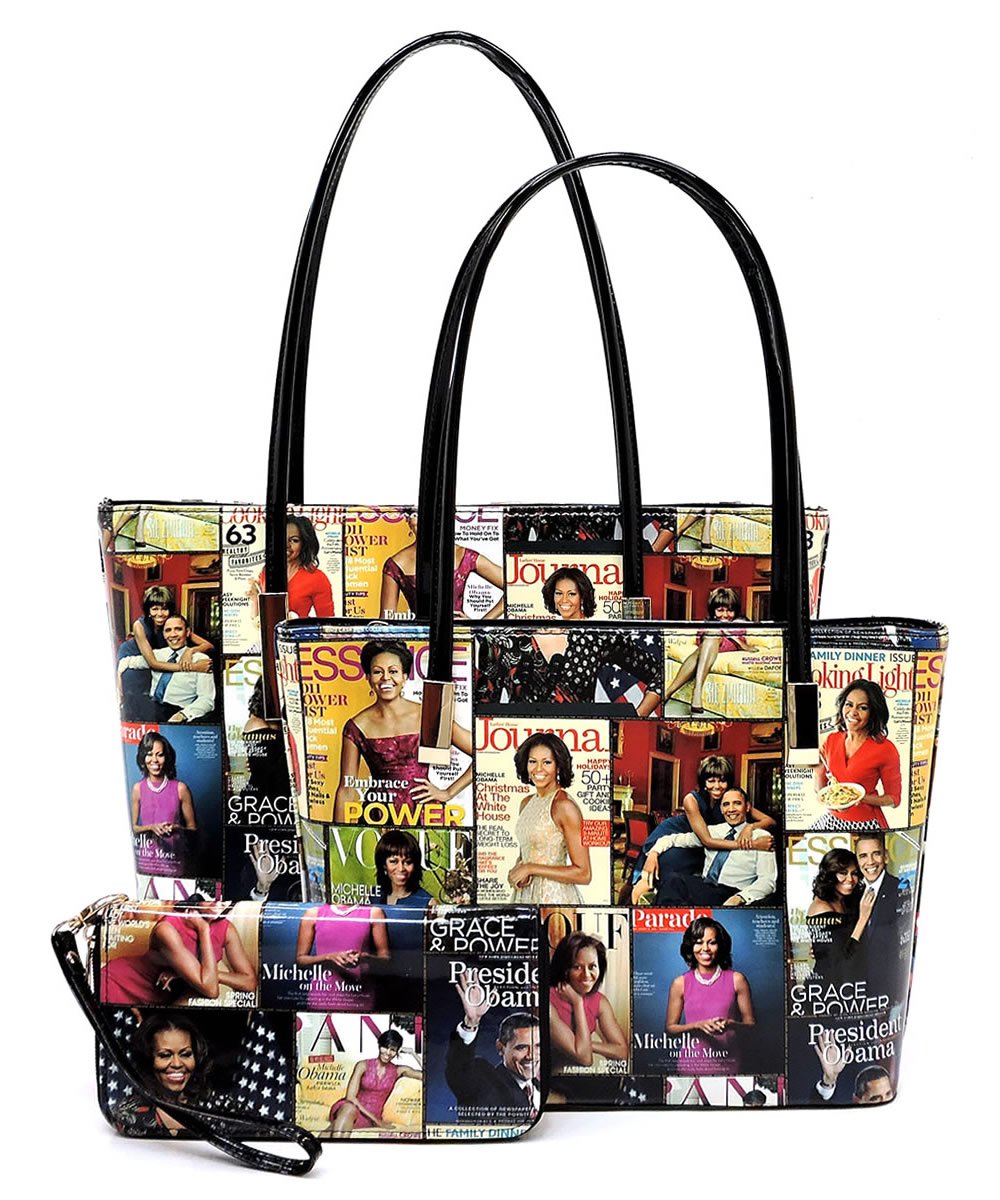 Glossy Magazine Cover Collage 3-in-1 Shopper Tote Bag Wallet Set Michelle Obama Handbag (9-Multi/Black)