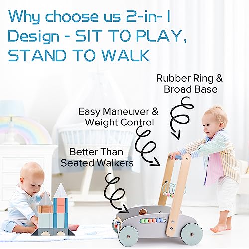 Wooden Baby Walker, Push Toys for Babies Learning to Walk,Shopping Cart for Kids Garden Wagon and Play Set with Abacus Blocks Push and Pull Learning Walking Educational Gift for Toddler Boy Gir 2 3