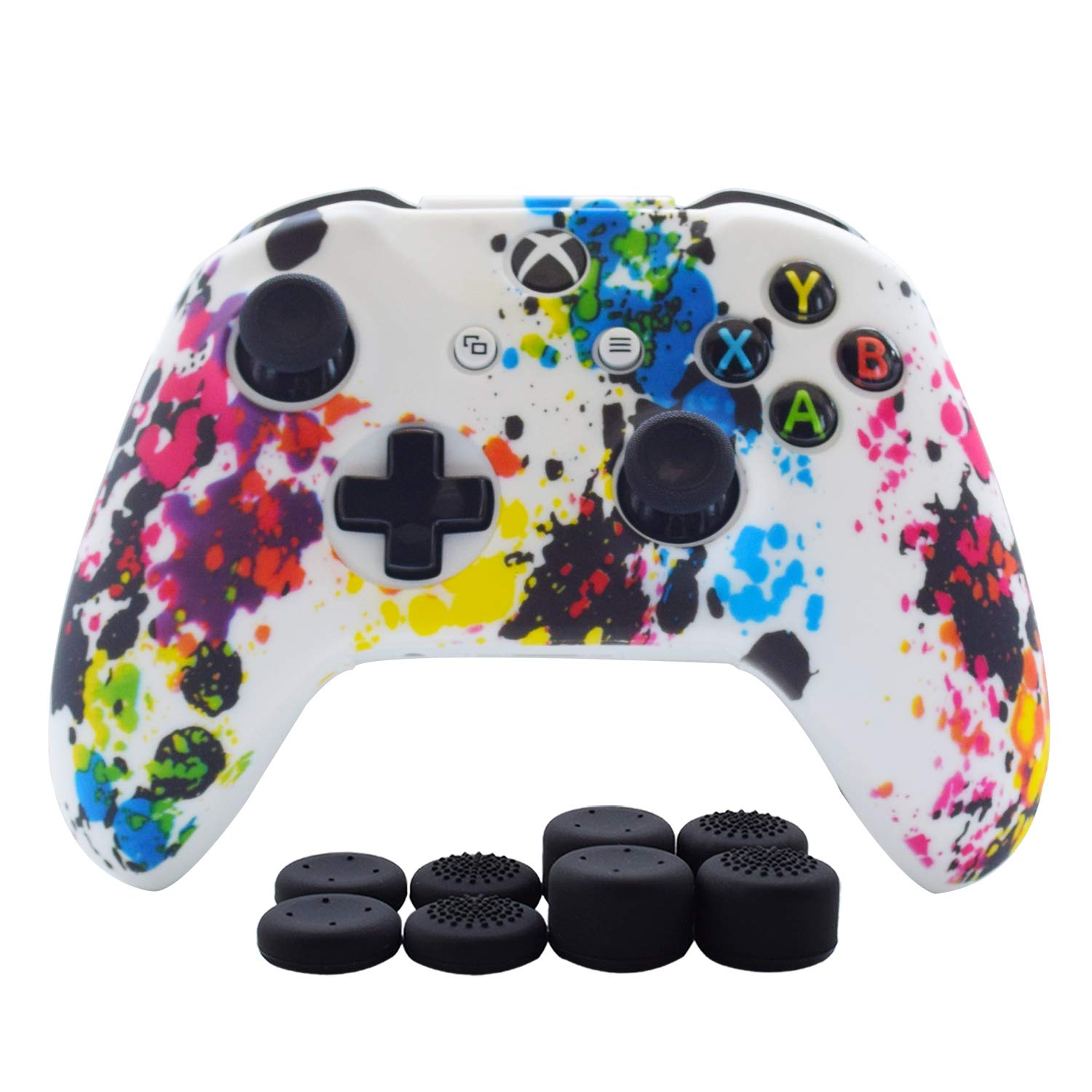 Hikfly Silicone Gel Controller Cover Skin Protector Kits for Xbox One/Xbox One S/Xbox One X Controller Video Games(1 x Controller Camouflage cover with 8 x Thumb Grip Caps)(White Paints)