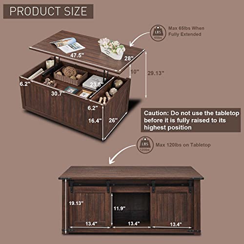 SinCiDo 48” Lift Top Coffee Table with Storage & Sliding Groove Barn Door, Farmhouse Coffee Table Rustic Wood Cocktail Table w/Double Storage Spaces for Living Room, Brown