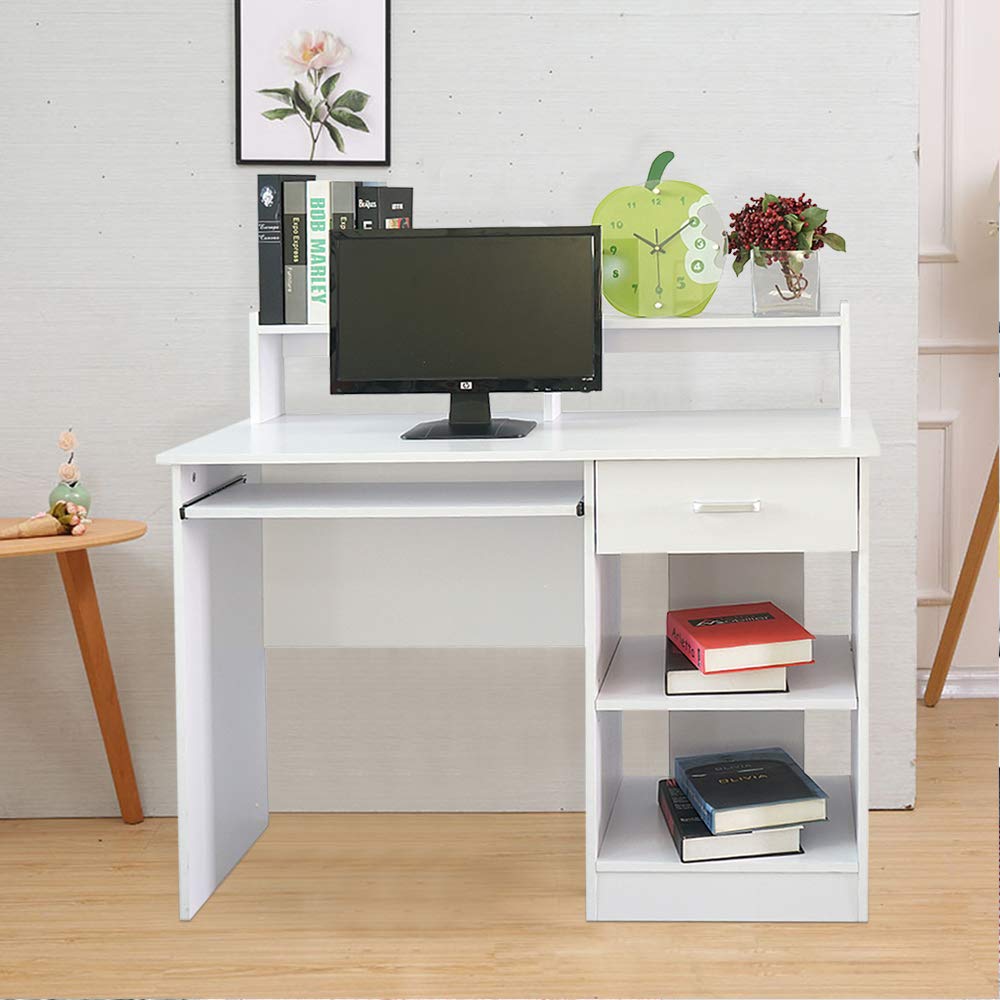 Goujxcy Computer Desk with 2 Organizer Shelf One Storage Drawer, Keyboard Tray, Home Office Writing Workstation Table, Laptop Desk, Bookshelf, Space-Saving, White