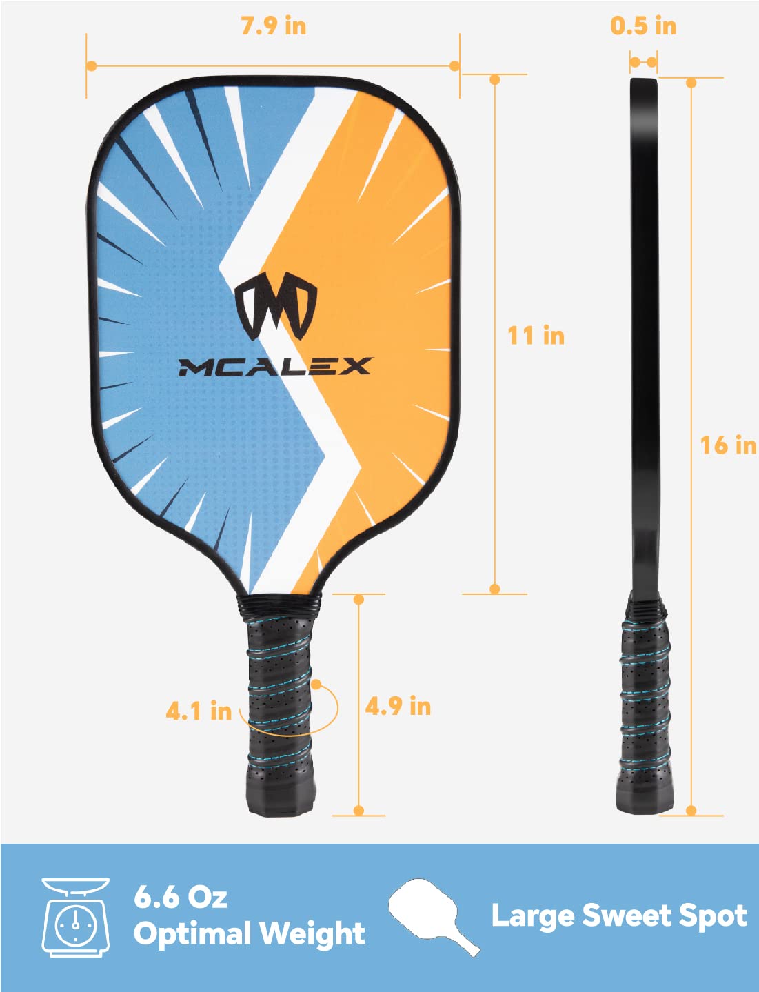 MCALEX Graphite Pickleball Paddles, Graphite Carbon Fiber Surface with Cushion Comfort Grip Easy to Hold, 8.2 Ounces, for Indoor and Outdoor (Orange/Blue)