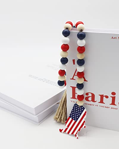 Wooden Beads Decor,Fall Decorations for Tiered Tray Decor Wood Bead Garland, Farmhouse Decor Beads with Tassel, Prayer Boho Beads Big Wall Hanging Decor (Red, White, Blue)