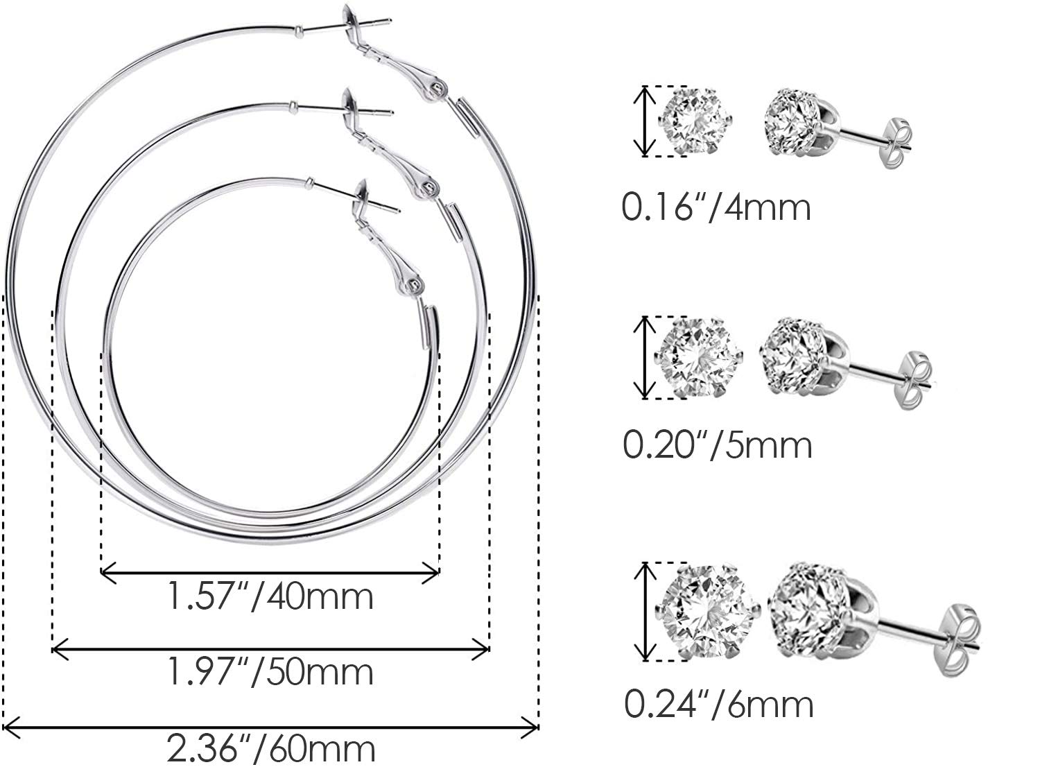 Hoop Stud Earrings Set for Women: 6 Pairs 14K White Gold Silver Big Hoops and Cubic Zirconia Stud Earrings Girls Jewelry