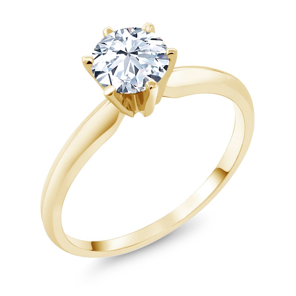 Gem Stone King 14K Yellow Gold White Created Sapphire Engagement Ring | Wedding Solitaire Anniversary Promise Gold Ring For Women | 1.20 Cttw | Available In Size 5,6,7,8,9