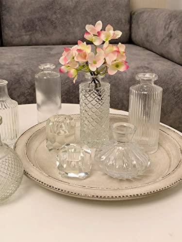 RM ROOMERS White Round Wooden Tray, Decorative Round Tray with Tiny Bead Stringing, Coffee Table Tray Circle, White Round Serving Tray for Living Room, Farmhouse