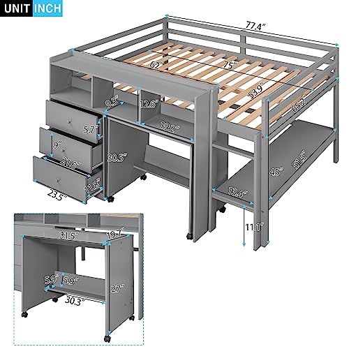 Wooden Full Size Bed Frame Full Size Low Loft Bed with Rolling Portable Desk, Drawers and Shelves, Gray