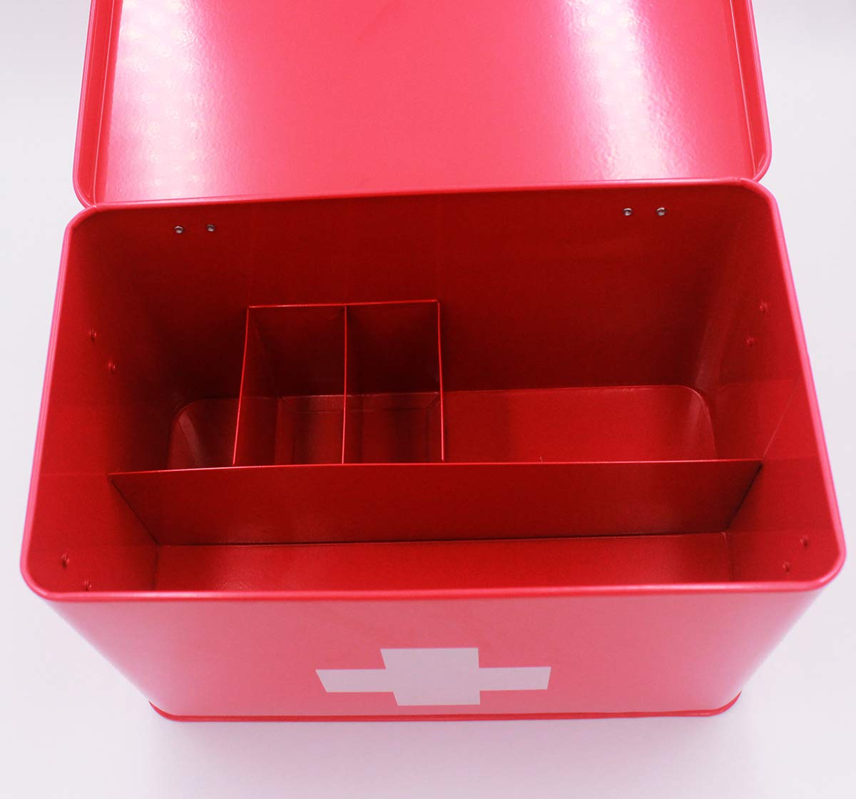 Funly mee Vintage First aid Box for Home, Medicine Tin, Red Metal Medicine Storage Box (Large 12.6× 8.3×7.7 inches)