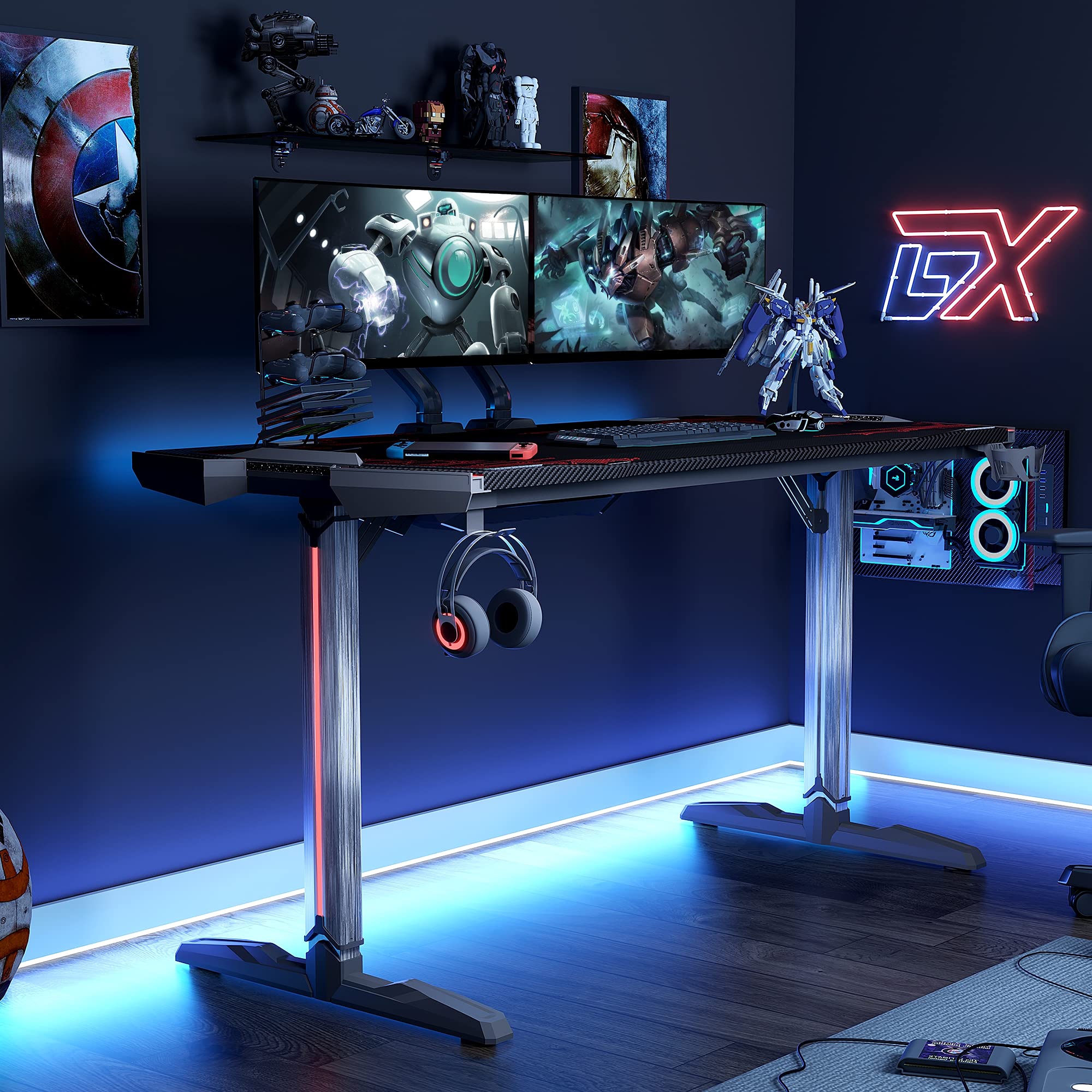 GALAXHERO Ultimate 61“Large Gaming Desk with 22 Modes RGB LED Light, Professional Gamer Computer Desk with Headphone&Cup Holder, Home Office PC Workstation, Full-Surface Cloth Mouse Pad, Black, GX-D