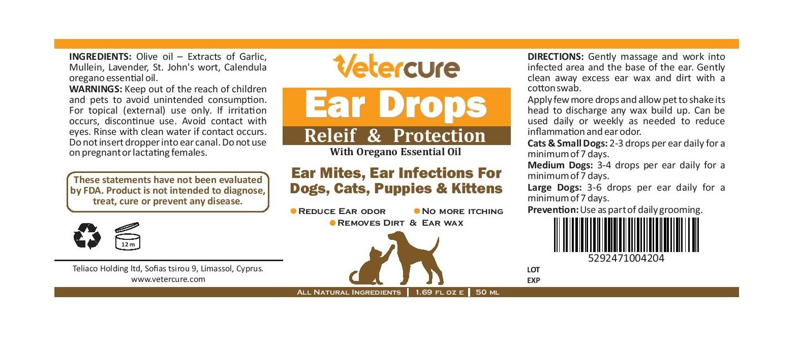 Vetercure Ear Drops For Any Pet- Relieve Your Pet From Ear and Reduce Odor In Just One Week-100% Natural Formula Tasted For Its Quality & Effectiveness