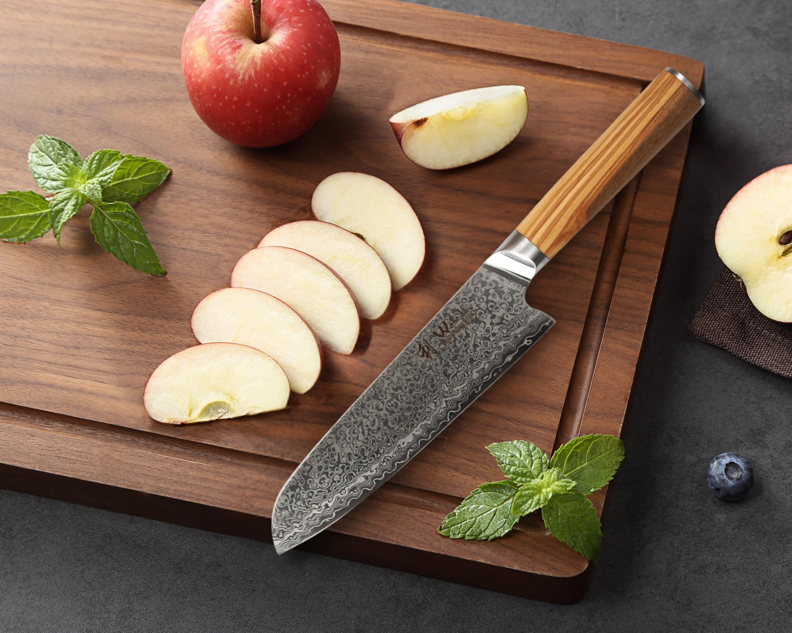 Wakoli Santoku Knife, 7-inch Blade Damascus Chef Knife made from 67 Layers of Damascus Steel with VG10 Core, Sharp Kitchen Knives with Olive Wood Handle, Meat Knife for All Tasks in Gift Box (Oribu)