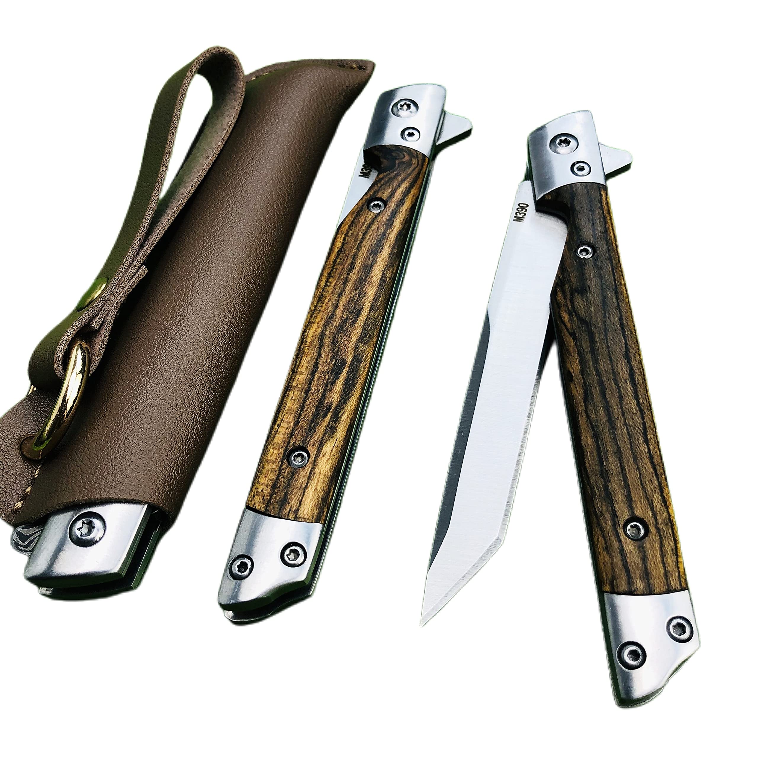HOLYEDGE 8.5" Wooden Handle Damascus Style Folding Blade Knife - Best Outdoor Camping,Hunting Tactical Survival Knife W/Sheath (Tanto Blade)