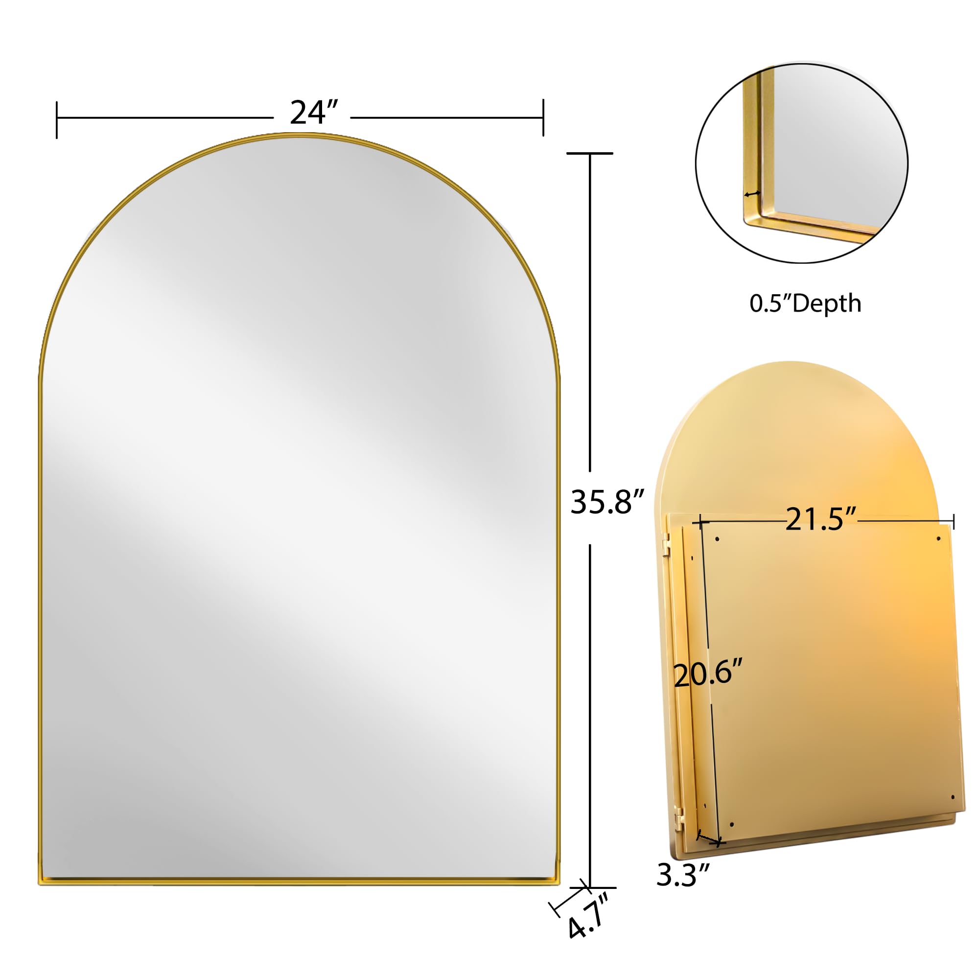 roomfitters 24x36 Arched Recessed Medicine Cabinet, Metal Framed Storage Cabinet with Mirror for Bathroom, Matte Black