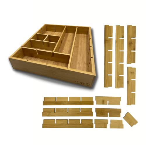 SPAZZLE Lite (18 PCS Dividers) - a configurable bamboo tray organization and storage solution. A room decor aesthetic vanity organizer for office organization, bathroom organizer, makeup organizer