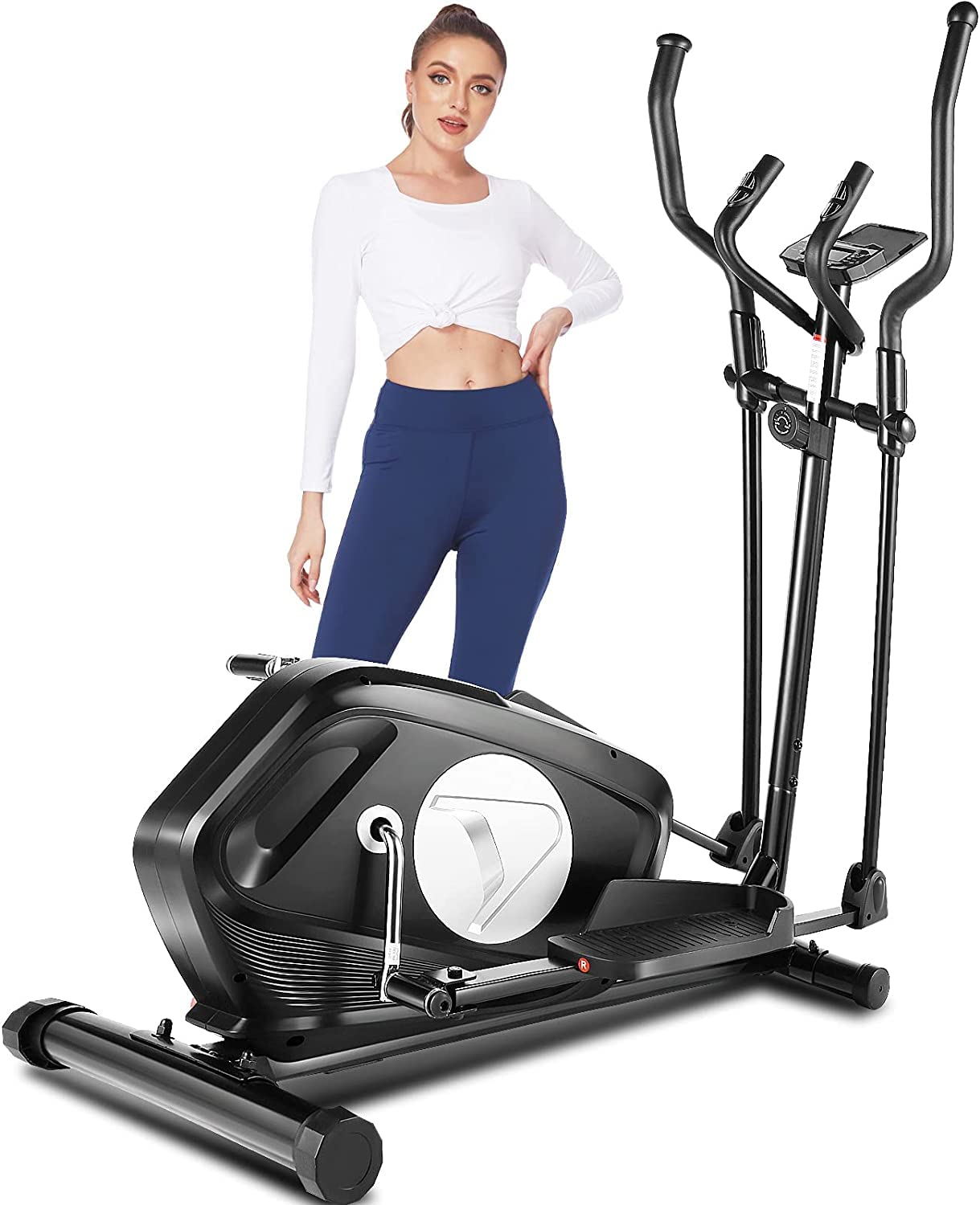 HIROLLOP Elliptical Machine with App，Elliptical Trainer with 10 Level of Magnetic Resistence，LCD Monitor and Heart Rate Sensor，390lbs Weight Capacity