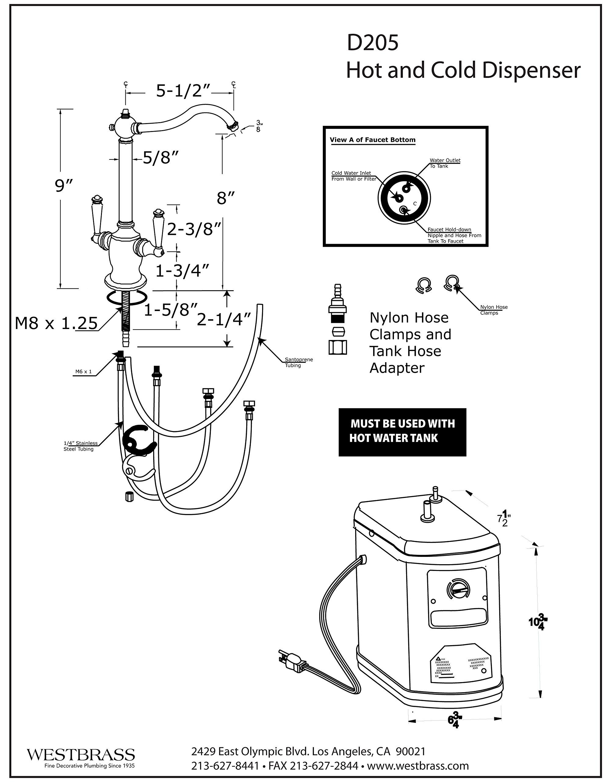 Westbrass D205H-05 Victorian 9" Hot/Cold Water Dispenser & Tank, Polished Nickel