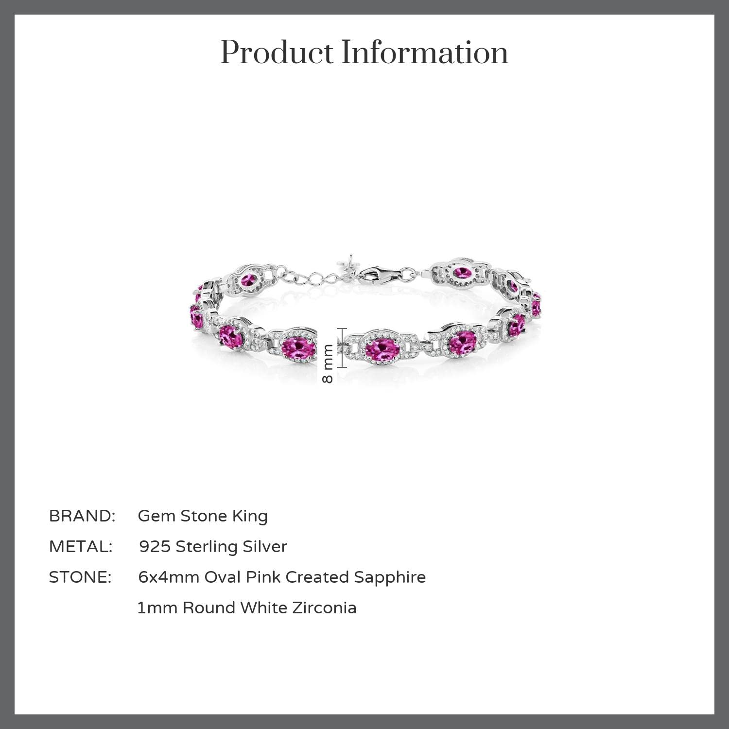 Gem Stone King 925 Sterling Silver Oval Pink Created Sapphire Tennis Bracelet For Women (9.10 Cttw, 7 Inch with 1 Inch Extender)