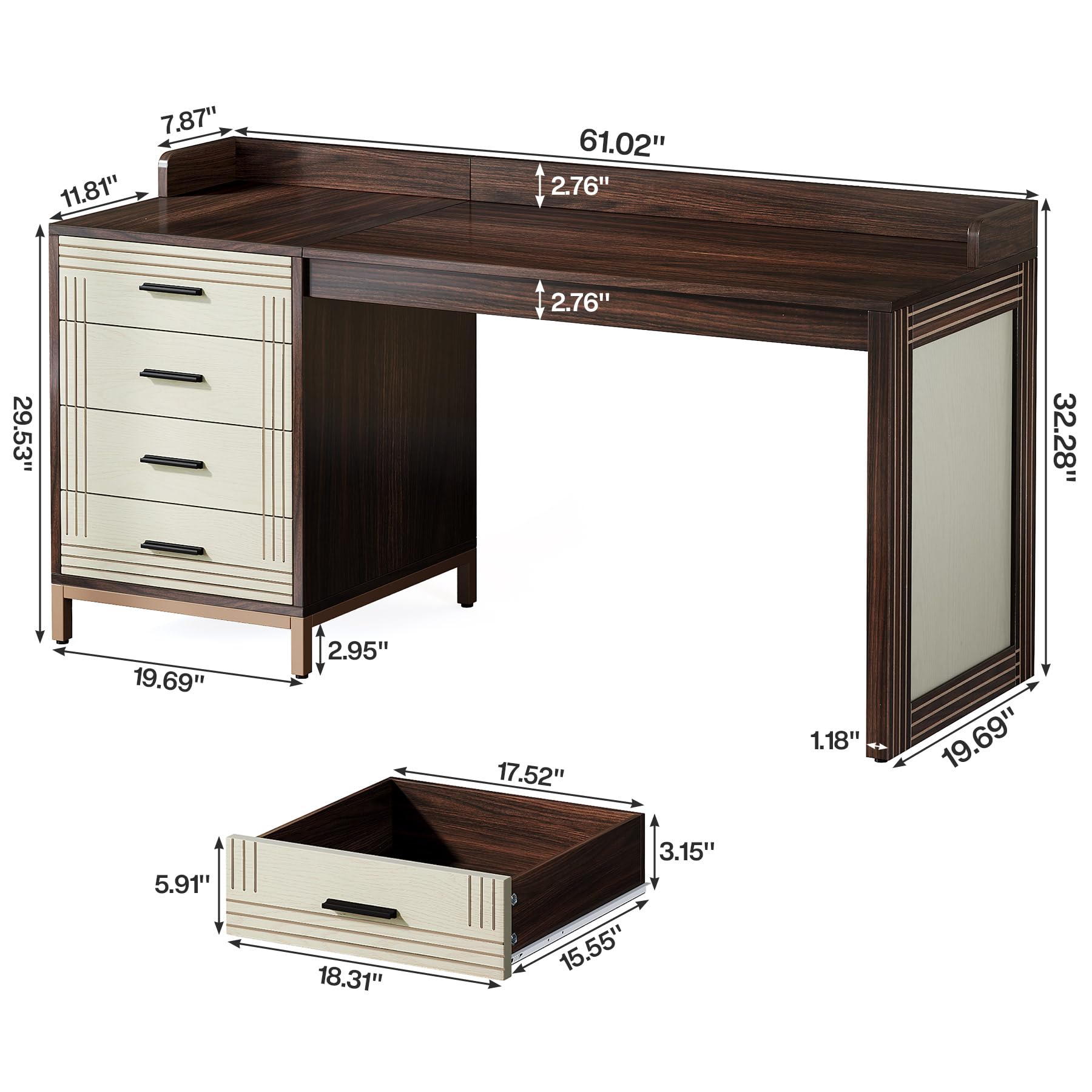 Tribesigns 61-Inch Computer Desk with 4 Drawers, Mid-Century Modern Office Desk with Storage, Wood Study Writing Table for Home Office, Study Room, Bedroom, Brown & Beige