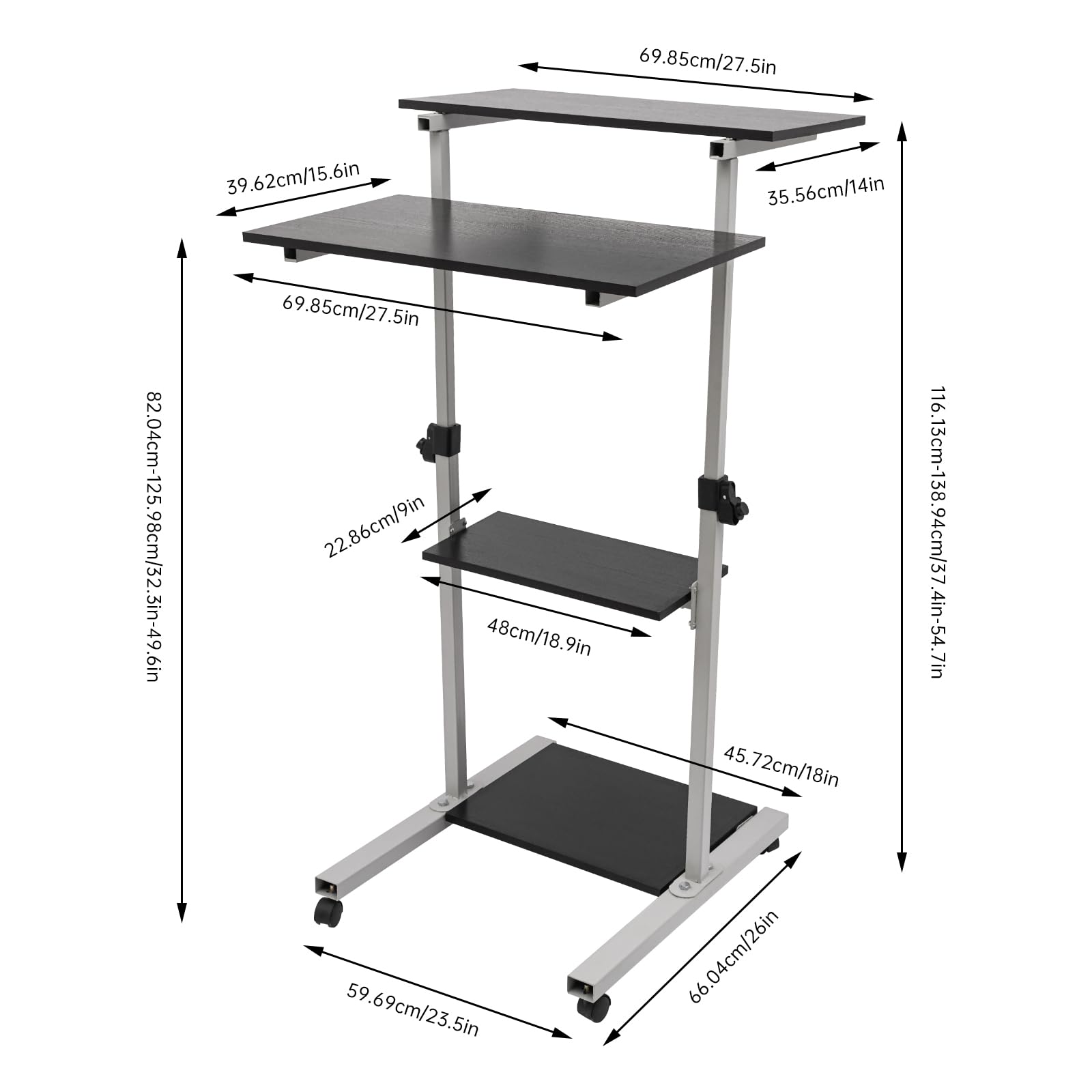 Ghankopd Mobile Laptop Computer Desk Stand Up Computer Desk Standing Workstation Rolling Desk Adjustable Height with Locking Wheels Storage and Slideout Keyboard Tray (Black, 27Inch)